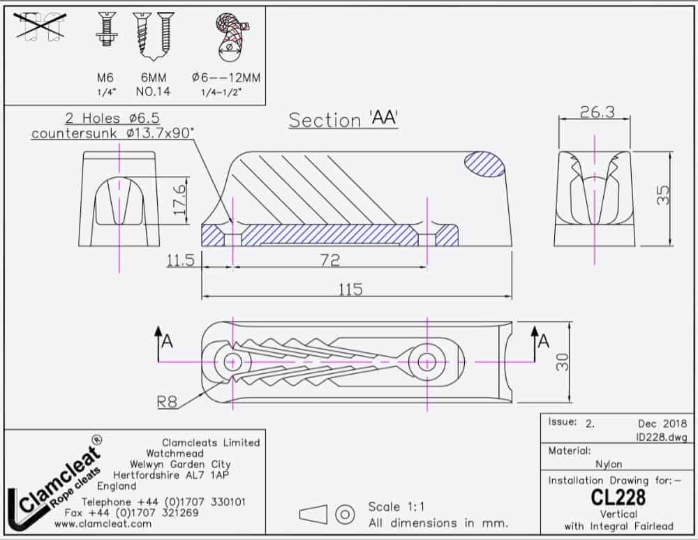 Clamcleat® CL228 Vertical Nylon Rope Cleat with Integral Fairlead €8.99